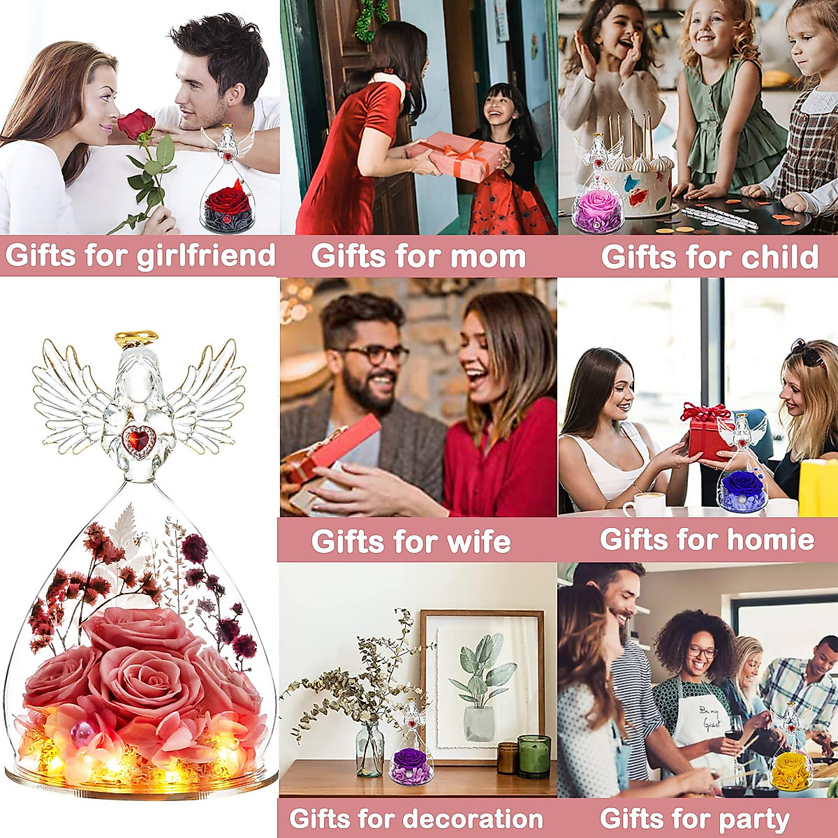 Lafloraita Mothers Day Preserved Rose Gifts for Women Mom Grandma Wife,Glass Angel Figurines with LED Light,Four Real Rose Flowers Sweet Pink