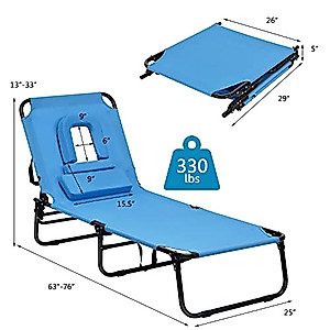 Tangkula Folding Chaise Lounge Chair with Hole for Face, Outdoor 5-Position Adjustable Reclining Beach Sunbathing Chair, Portable Face Down Tanning Chair for Patio Backyard Poolside Beach (1, Blue)