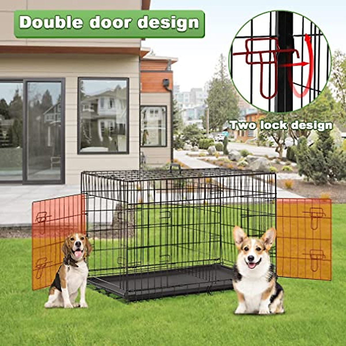 BestPet Large Dog Crate Dog Cage Dog Kennel Metal Wire Double-Door Folding Pet Animal Pet Cage with Plastic Tray and Handle,24 inches