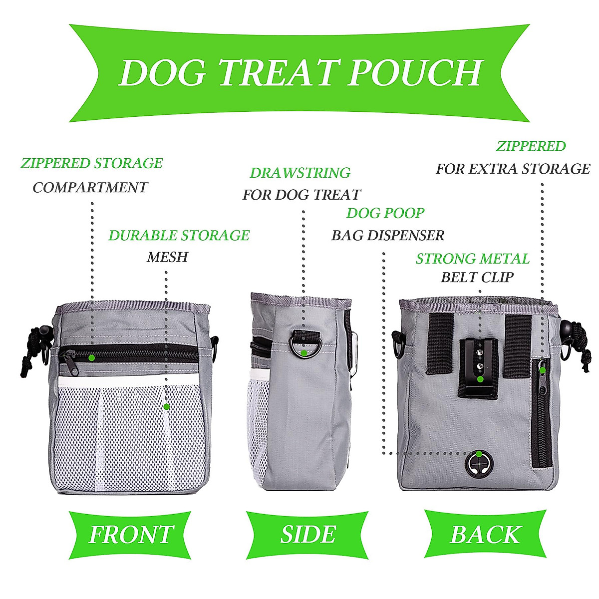 STMK Dog Treat Pouch Dog Clicker Training Kit, Dog Training Treat Pouch Dog Clicker for Training, 3 Ways to Wear Easily Carries Treat Pouches for Pet Training (Grey)