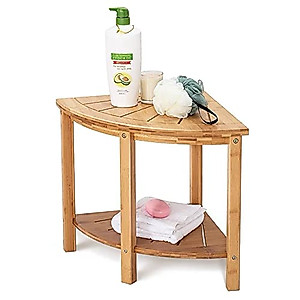 Kohtla Bamboo Corner Shower Seat Bench with Storage Shelf Wood Spa Stool for Bathroom, Indoor and Outdoor Use