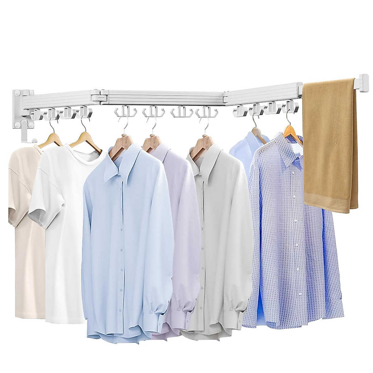 Kelisiting Wall Mounted Clothes Drying Rack, Laundry Drying Rack Wall Mounted, Upgrade 3-Foldable Clothing Drying Rack with 24 Hooks for Laundry, Laundry Organizer for Laundry & Dorms-White