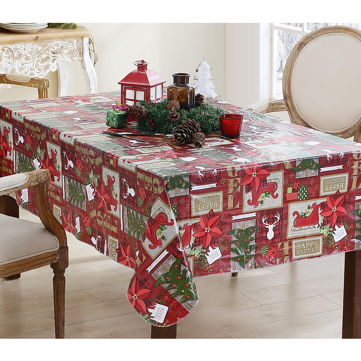 Newbridge Red Sleigh Bells Ring Country Rustic Vinyl Flannel Back Vinyl Christmas Tablecloth, Moose Antlers, Sleighs and Festive Xmas Wipe Clean Tablecloth, 52 Inch x 70 Inch Oblong/Rectangle