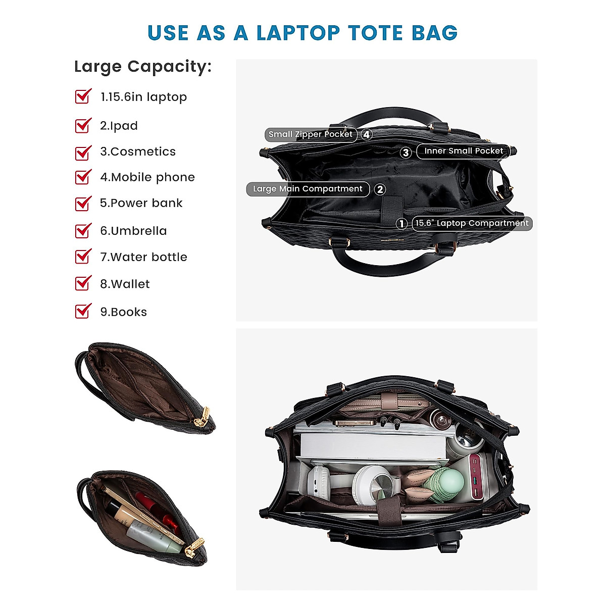 LOVEVOOK Lunch Tote Bag for Women, 15.6 Inch Laptop Bag with Insulated Lunch Compartment, Quilted Large Capacity Computer Handbag with Purse for Business, Work, Nurse, Office, Collage, Casual, Black