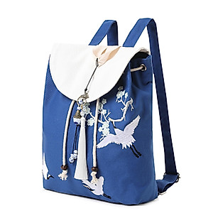 MAZEXY Embroidered Backpack for Travel Shopping Wedding With Pendant and Tassels (Crane)
