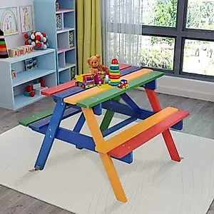 gotoplay Kids Picnic Table Set w/Removable & Foldable Umbrella, Outside Table Set with Benches, Wooden Table and Bench Set for Toddler Boys Girls (Colorful)