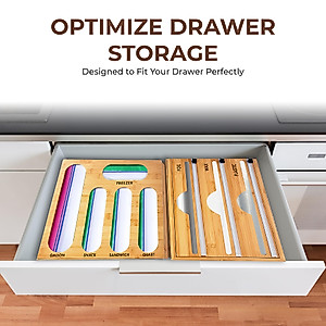 PANDAWOOD 8 IN 1 Storage Bag Organizer for Kitchen Drawer - Bamboo Plastic Bag Organizer - Foil Plastic Wrap Organizer Dispenser with Cutter - Baggie Organizer for Drawer - Sandwich Bag Organizer