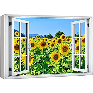 wall26 Canvas Print Wall Art Window View Neon Sunflower Botanical Floral Field Wilderness Nature Photography Realism Scenic Landscape Colorful Multicolor for Living Room, Bedroom, Office - 24"x36"