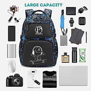 Pawsky Skateboard Anime Luminous Backpack School Backpack with USB Charging Port for Teen Boys, College School Bookbag Lightweight Laptop Bag with Sling Bag Set, Blue