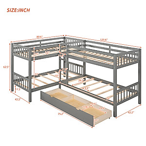 MERITLINE Quad Bunk Beds with Storage,4 Twin Bunk Bed for Kids, Solid Wood L Shaped Bunk Bed 4 Bed Bunk Beds for Kids,Teens, Adults,Grey