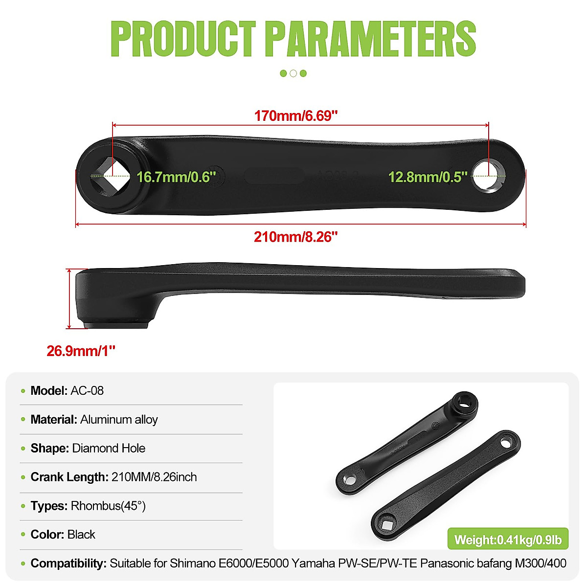 BAFANG Crank Arm 170mm Electric Bicycle Diamond Hole Crank Mid Motor Cranks Essential Parts Mid Motor Accessory BBS01 BBS02 BBSHD Electric Bikes Part E Bike Crank Leg