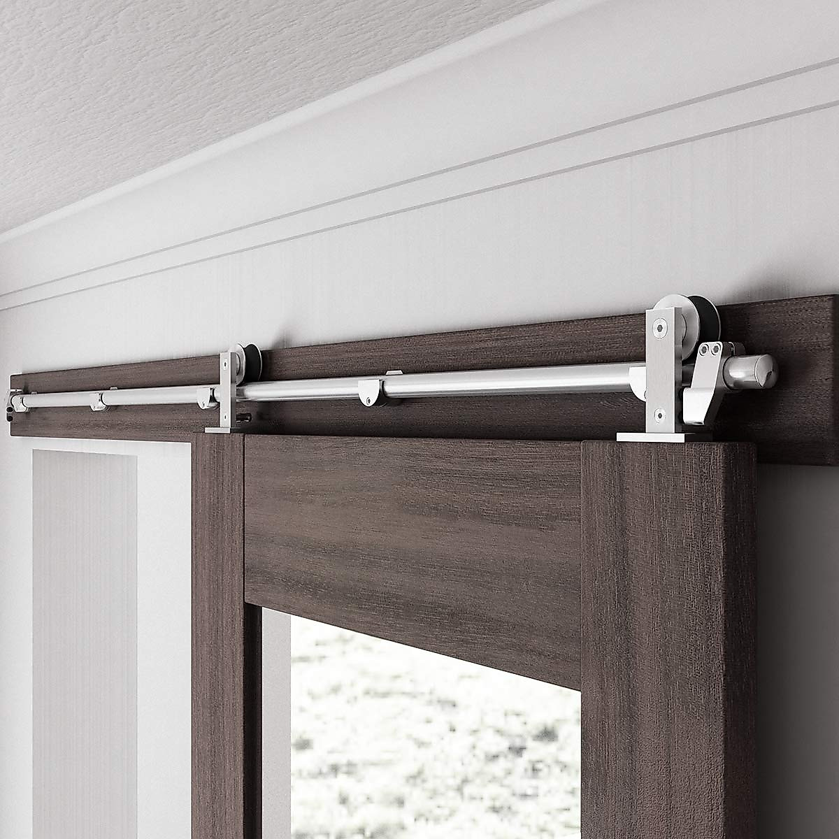 SMARTSTANDARD 6 Feet Top Mount Sliding Hardware Kit with 12'' Pull and Flush Handle Set and Adjustable U Shape Barn Door Floor Guide