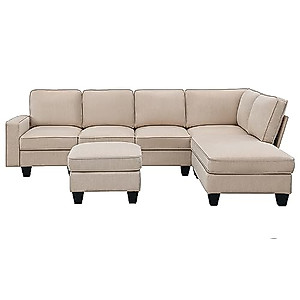 Lifeand 104.378, 7-seat Linen Fabric Couch Set with Chaise Lounge and Convertible Ottoman for Living Room,Apartment,Office Modern L-Shaped Sectional Sofa, Khaki