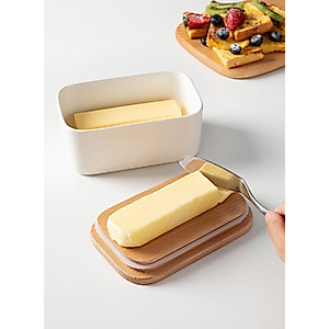 Sweese 303.101 Large Butter Dish - Airtight Butter Keeper Holds Up to 2 Sticks of Butter - Porcelain Container with Beech Wooden Lid, White