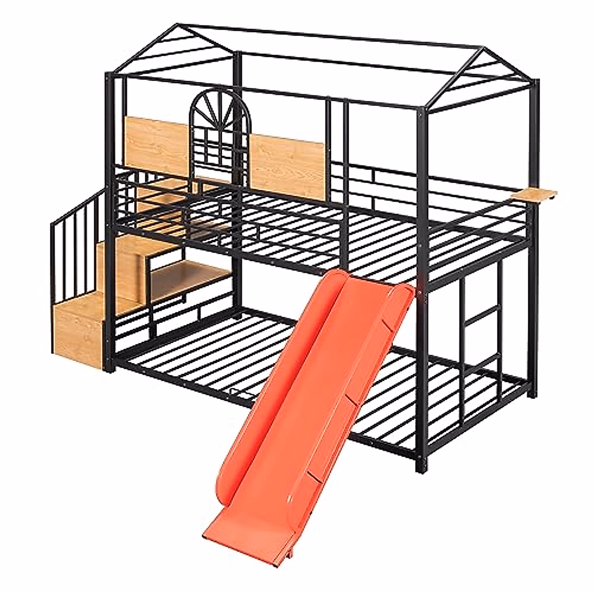 BOVZA House Bunk Bed with Slide and Stairs, Twin Over Twin Metal Bunk Beds Frame with Roof and Storage Staircase for Kids Boys Girls Teens, Black+Red