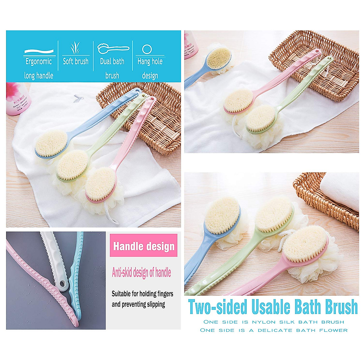 AARainbow 2 Packs Shower Body Brush with Bristles and Loofah, Back Scrubber Mesh Sponge with Curved Long Handle for Skin Exfoliating Bath, Massage Bristles Suitable for Men and Women (1Gray+1Pink)