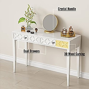 White Vanity Desk with Drawers, Wood Home Office Desk Modern Simple Makeup Vanity Table, 43 Inch Entryway Console Table