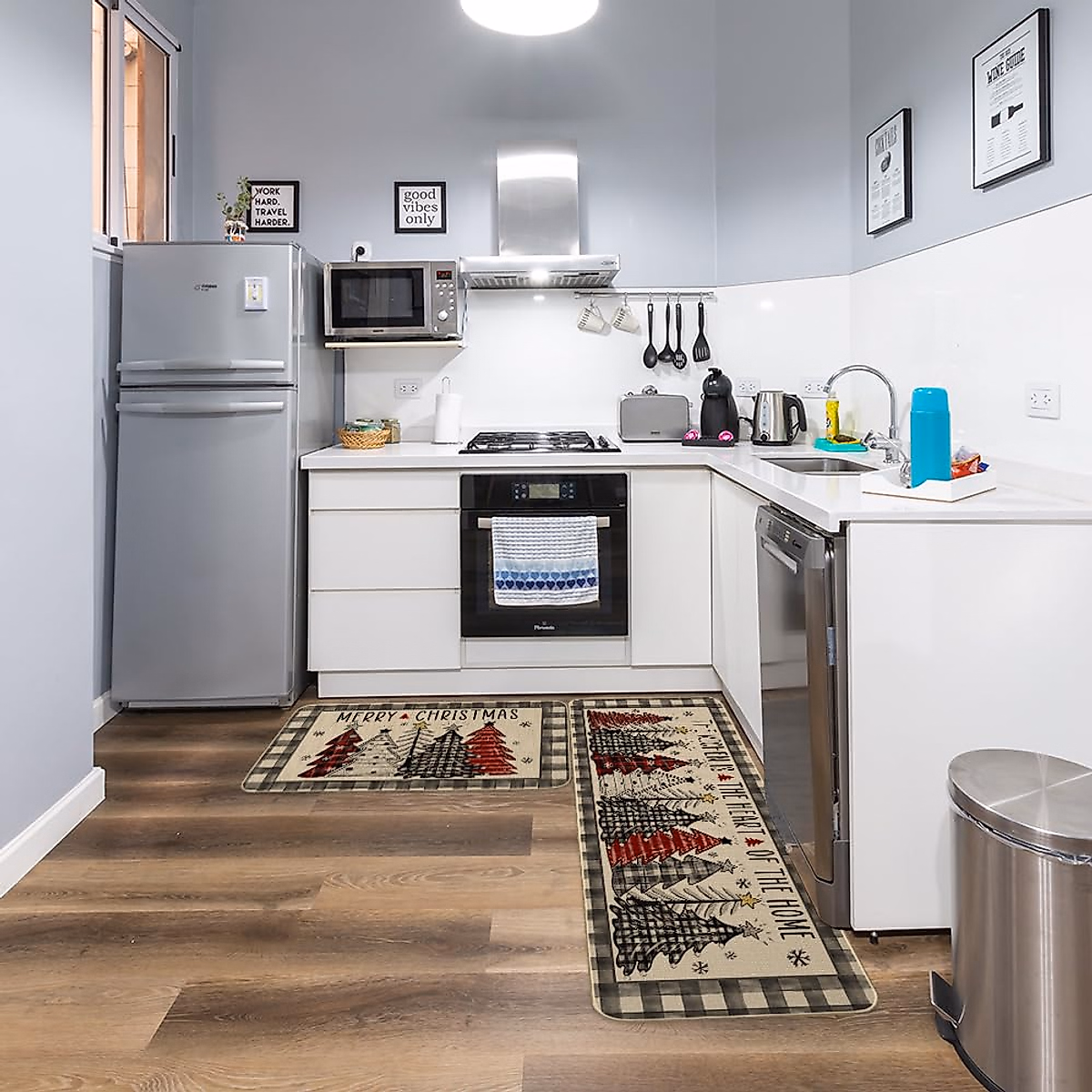 ARKENY Merry Christmas Kitchen Rugs Set of 2 ， Red Xmas Tree Floor Mat,Farmhouse Style Kitchen Decorations for Door Mats- 17x29 and 17x47 Inch AKM001