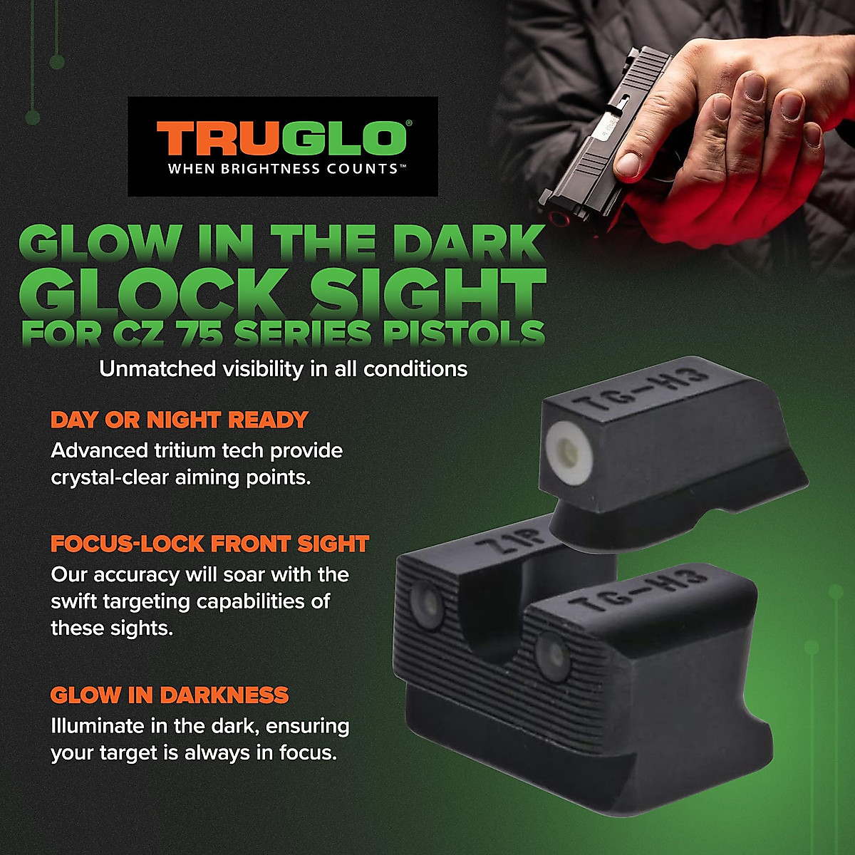 TRUGLO Tritium Pro Compact Night Sights with Daylight White Dots, Night Tritium Dots & Focus Lock Front Ring for CZ Handguns, Black