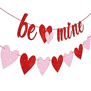 Valentines Day Banner Red and Pink Glittery Be Mine Banner Paper Heart Garland Banner for Valentines Day Decorations Wedding Proposal Engagement Bachelorette Party Decor Supplies - Pack of 2