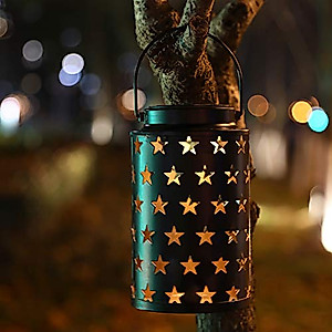 JHY DESIGN 2 Pack Solar Lantern Lights Outdoor Solar Powered Table Lamp Lights Hanging Garden Lamp Metal Lantern with Handle for Patio Garden Outdoor Walkway Yard Landscape Park Lawn(Hollow Stars)