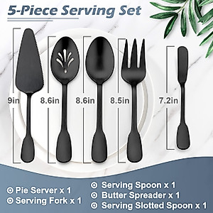Matte Black Serving Utensils Set of 5, E-far Stainless Steel Serving Spoons, Slotted Serving Spoon, Serving Fork, Butter Spreader, Pie Server for Parties, Wide Handle & Thick Gauge, Dishwasher Safe