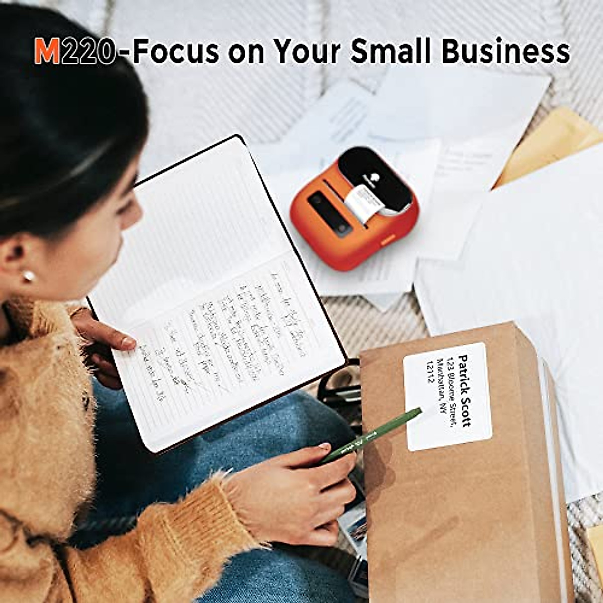 Phomemo M220 Label Printer, Portable Barcode Printer, 3.14 Inch Bluetooth Thermal Label Maker for Barcodes, Name, Address, Clothing Labeling, for Office Home,Compatible with Phones and Some PC Orange