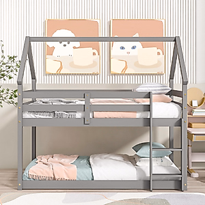 AnwickNomo Twin Over Twin Low Loft Bed, Wood Bunk Bed with House Shape and Full-Length Guardrail, Kids Bed for Boys Girls and Teens, Space-Saving, Solid Wood Frame, No Box Spring Needed (Grey)