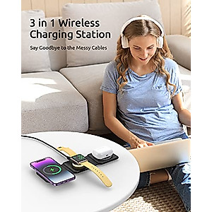 HEYLINSI Wireless Charging Station, Foldable Magnetic Wireless Charging Pad for iPhone 14/13/12 Pro Max/X/XS, 3 in 1 Wireless Travel Charger for AirPods 3/2/Pro Apple Watch