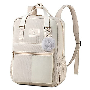 Makukke Corduroy School Backpacks for Women Men - Vintage School Bookbag Travel Laptop Backpack Casual Daypack for College (Beige)