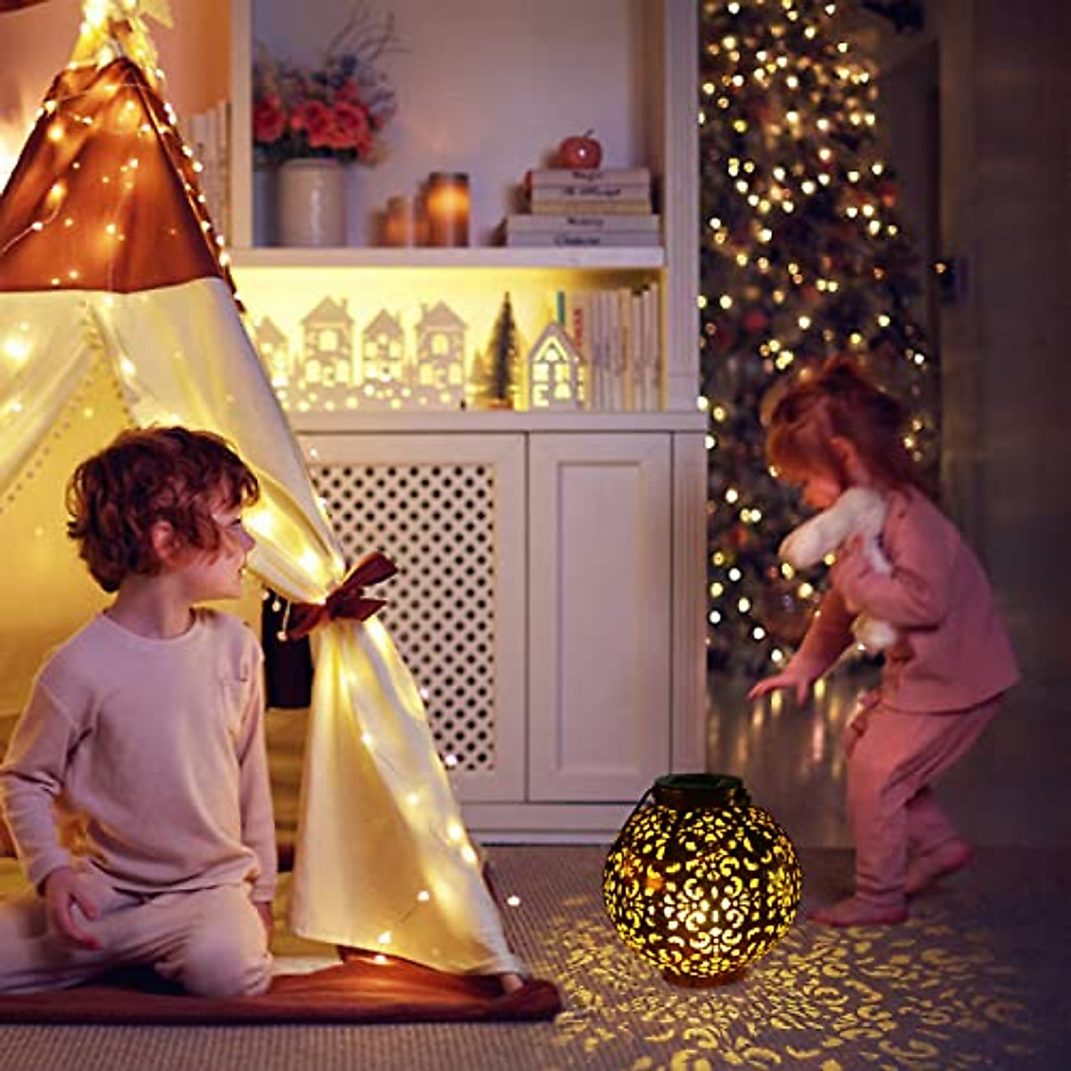 2 Pack Solar Lanterns Outdoor Waterproof Hanging, Solar Powered Lantern Warm White Retro Garden Lanterns, Hollowed-Out Metal Lantern Outdoor Decorative Lights for Yard, Lawn Porch Pathway, Landscape