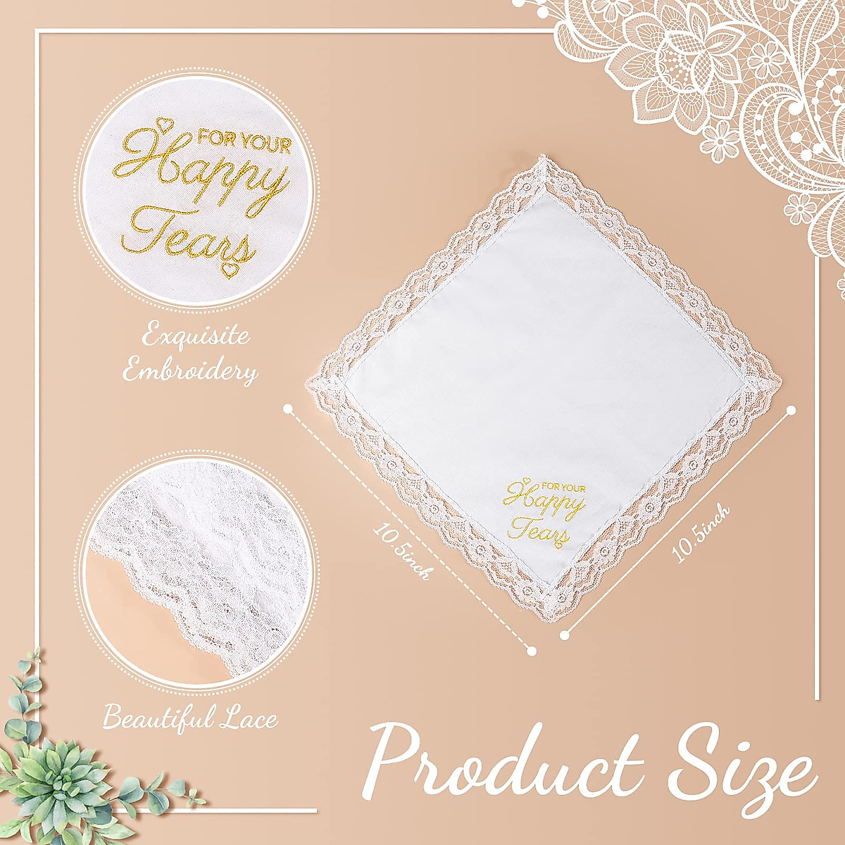 6 Pcs Embroidered Wedding Handkerchiefs Happy Tears Wedding Handkerchiefs with Scallop Lace Mother of the Bride Gifts Lace Handkerchiefs for Wedding Day Bride Gifts