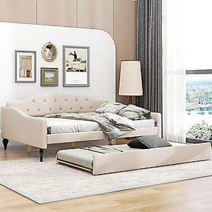 Upholstered Full Daybed with Twin Size Trundle, Full Size Daybed Frame with Button Tufted and Wingback Design, Wooden Full Sofa Bed for Livingroom Bedroom, No Box Spring Needed,Beige