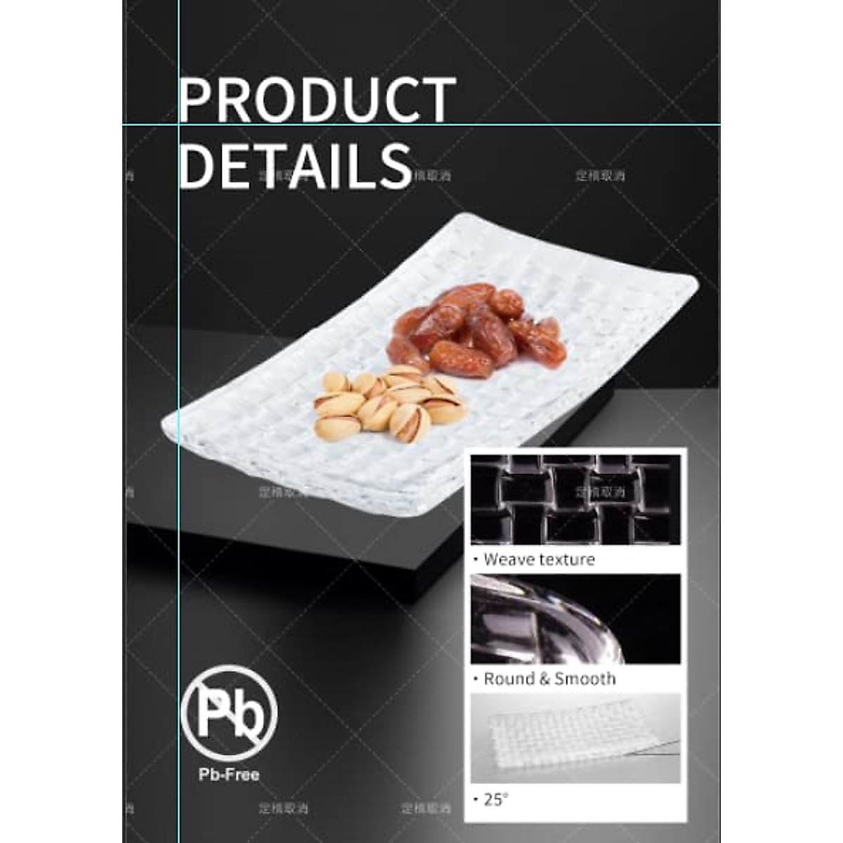 11" Elegant Crystal Glass Rectangular Flat Long Serving Tray and Platter , Clear White Serving Plate used for Food Sushi Snack Fruit Cake Dessert