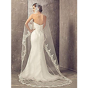 Aukmla Wedding Bridal Veils Ivory Beautiful Long Veil with Lace and Metal Comb at the Edge Cathedral Length (Ivory)