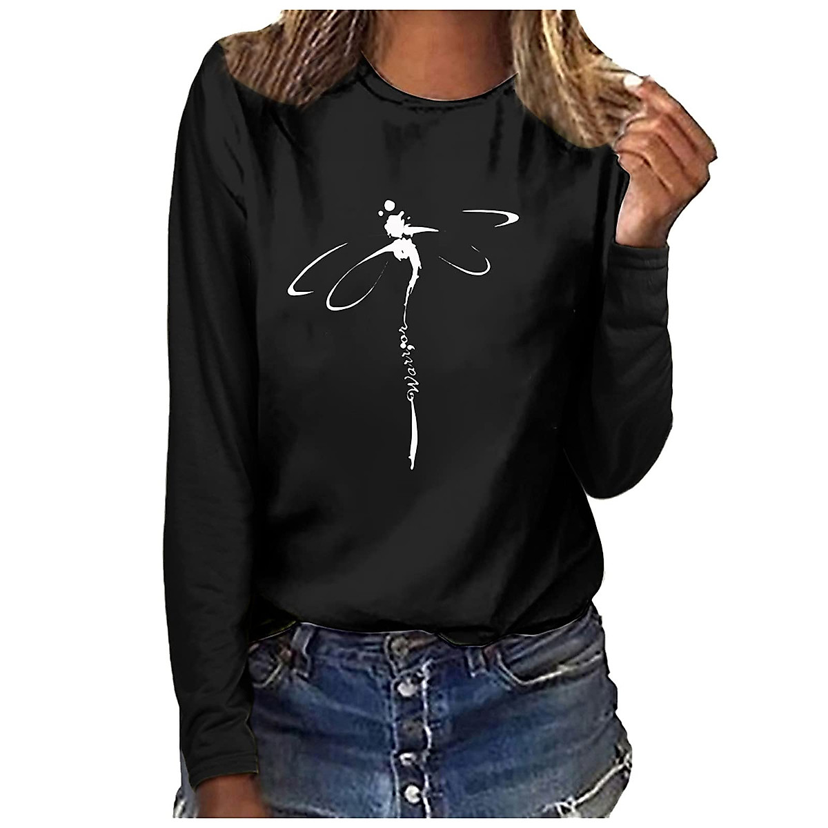 YSLMNOR Womens Long Sleeve Tops Dragonfly Printing T-Shirts Basic Round Neck Pullover Fall Blouse Casual Shirts Black