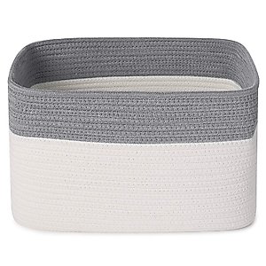 ANMINY Woven Cotton Rope Storage Baskets with Handles Large Washable Basket Decorative Storage Bins Boxes Nursery Baby Kid Toy Blanket Clothes Towel Laundry Organizer Containers - White/Gray