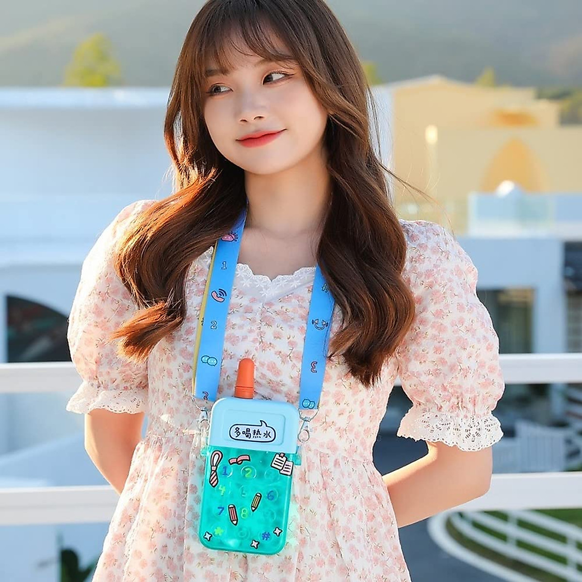 YunQin Creative Cell Phone Shaped Water Bottles,Leak Proof Cute Plastic Bottles with Adjustable Shoulder Strap and Straw, Multi-Colored Juice Drinking Bottles (300ML/10Oz) (Blue)