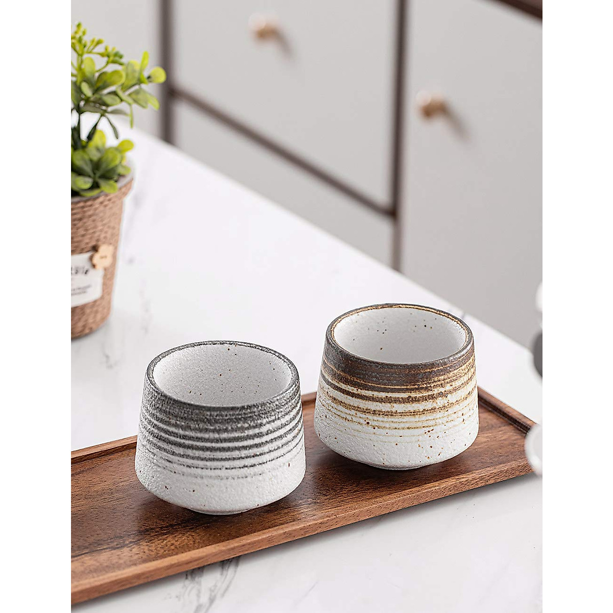 TANG PIN Handcrafted Ceramic Tea Cups Chinese Kung Fu Tea Cup Set of 2, Coffee Mugs for Cappuccino, Ceramic Sake Cups, 6 OZ(Black & White)