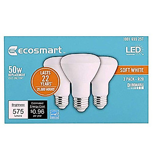 (3-pack) EcoSmart BR20 Soft White LED, Dimmable, 575-Lumen, 2700K, 8-Watt (50-Watt Equivalent) Light Bulb, E26 Medium Base