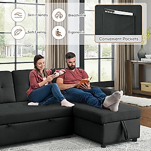 Antetek Reversible Sleeper Sectional Sofa with Pull-Out Bed, Comfy Tufted L-Shaped Sectional Sofa Couch Bed with Storage Chaise Side Pocket, Furniture Set for Living Room, Small Space, Black