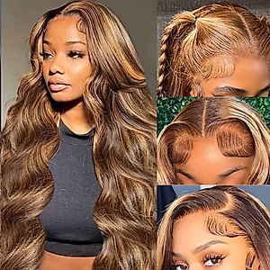 TXIXS 28 Inch Honey Blonde Lace Front Wig Human Hair 13x4 Ombre Lace Front Wig Human Hair Pre Plucked with Baby Hair 180% Highlight Glueless Lace Front Wigs Human Hair Body Wave Lace Frontal Wigs