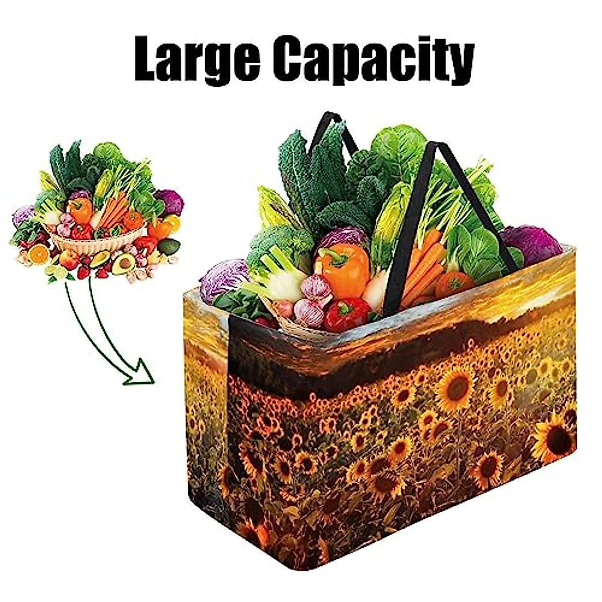 KQNZT Reusable Grocery Bags, Large Foldable Reusable Shopping Tote Bags Bulk for Groceries, Waterproof Kitchen Cloth Produce Bags with Long Handles, Sunrise Sunflower