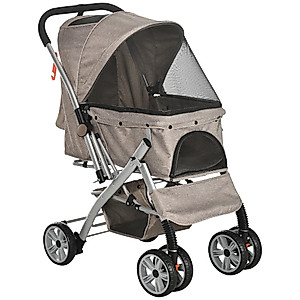 PawHut Dog Stroller for Small Dogs Cats, 4 Wheels One-Click Fold Pet Stroller with Swivel Wheels, Brake, Basket Storage, Safety Belts, Adjustable Canopy, Zippered Mesh Window Door, Brown