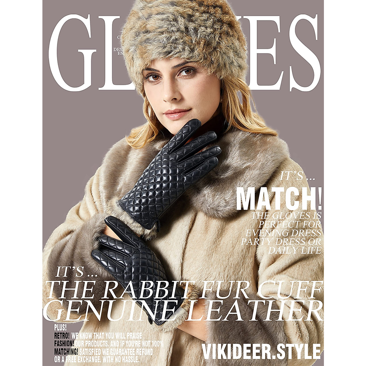 VIKIDEER Winter Warm Cashmere Lining Rabbit Fur Cuffs Leather Gloves for Women Touchscreen Black Large