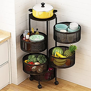 BotaBay Round Rotating Multi-Layer Kitchen Storage Shelf, 5 Tier Fruit Vegetable Storage Basket, Kitchen Storage Rack Floor Standing, Movable Household Storage Rack for Kitchen Living Room Toilet