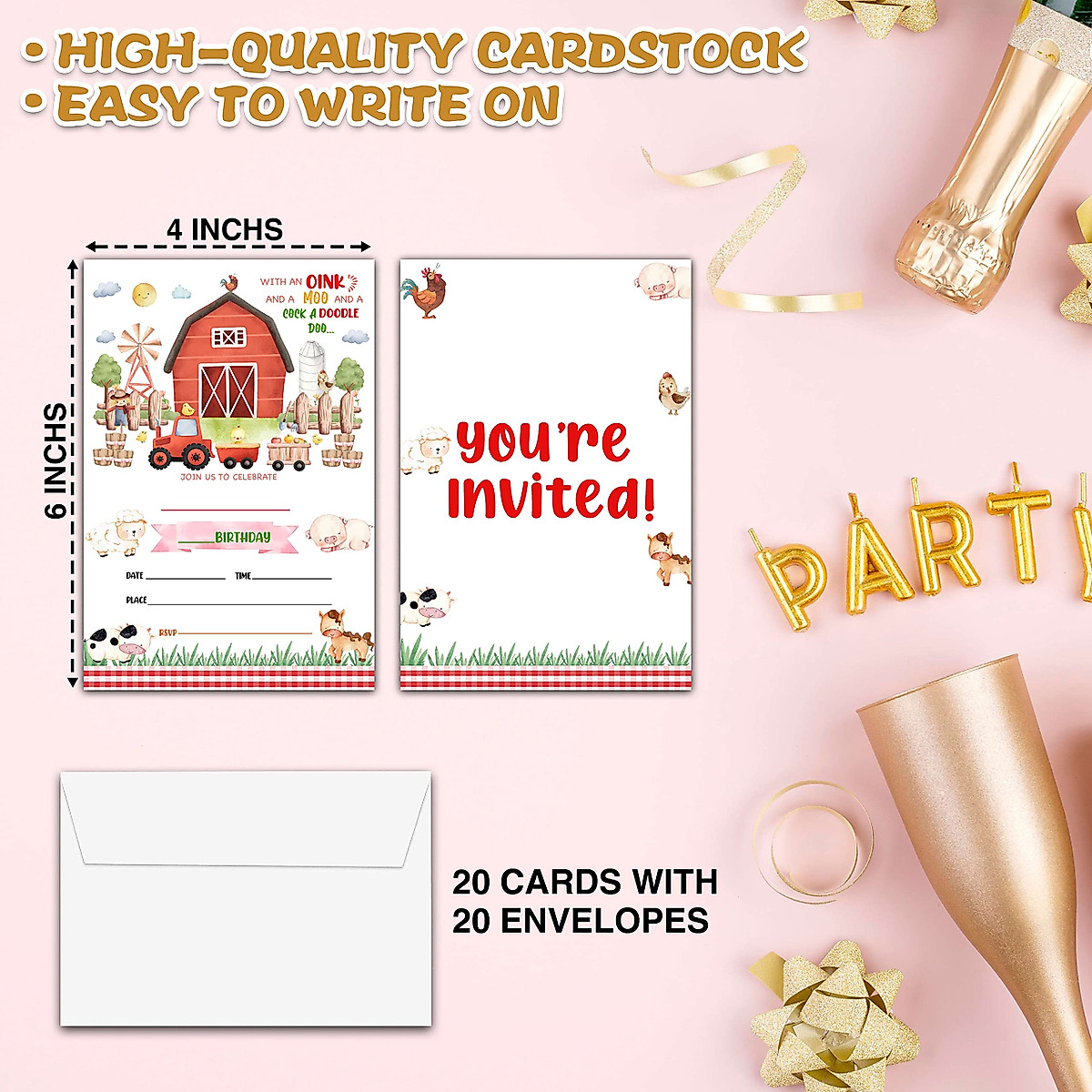 Chuxvon Farm Birthday Party Invitations, Barn Animals Birthday Invitation, Double-Sided Fill In Invites, Barnyard Birthday Party Decorations, 20 Cards With 20 Envelopes(D07)