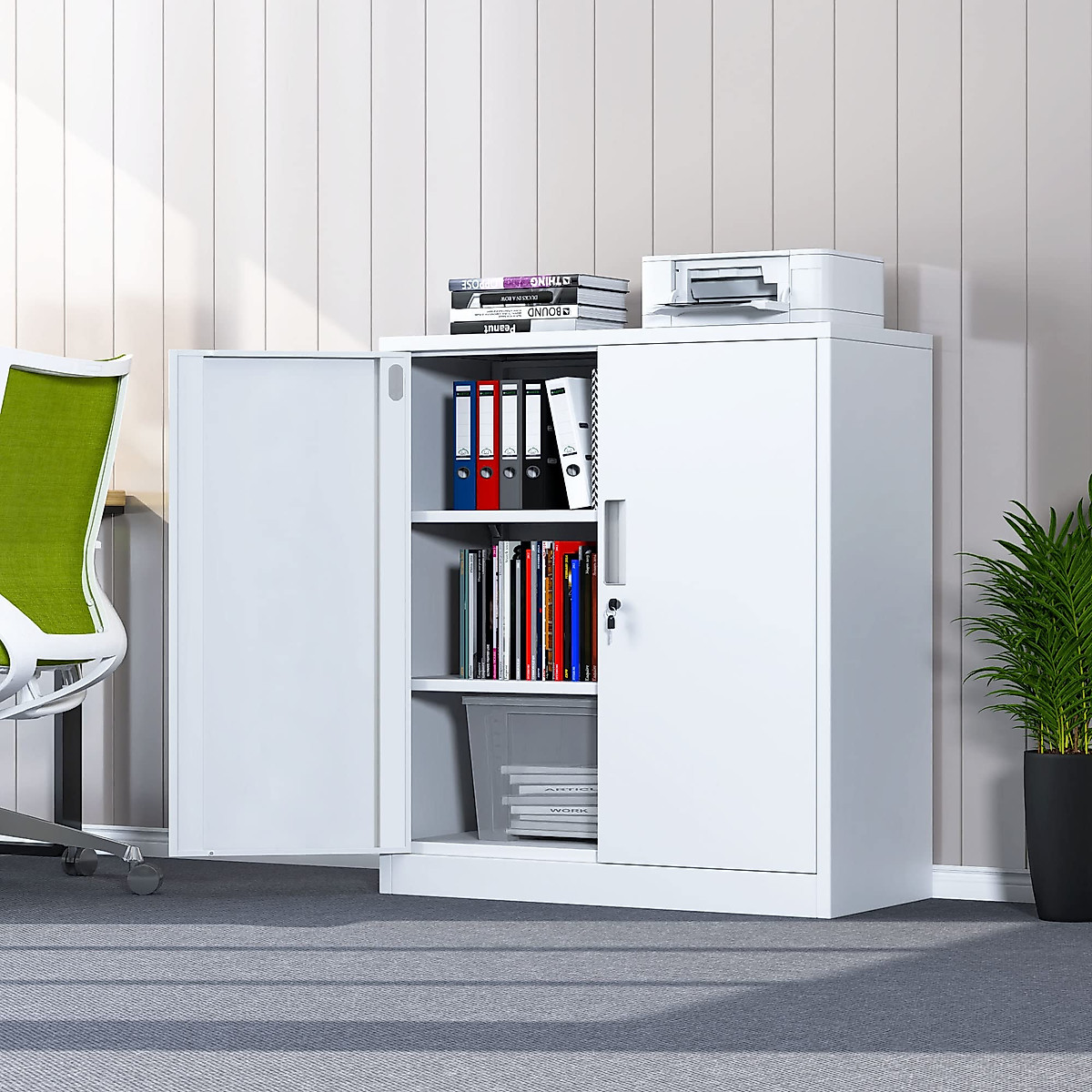 JINKUR Metal Storage Cabinet with Locking Doors and 2 Adjustable Shelves, Small Lockable Steel Storage Cabinets for Home Office Garage Kitchen Pantry (White)