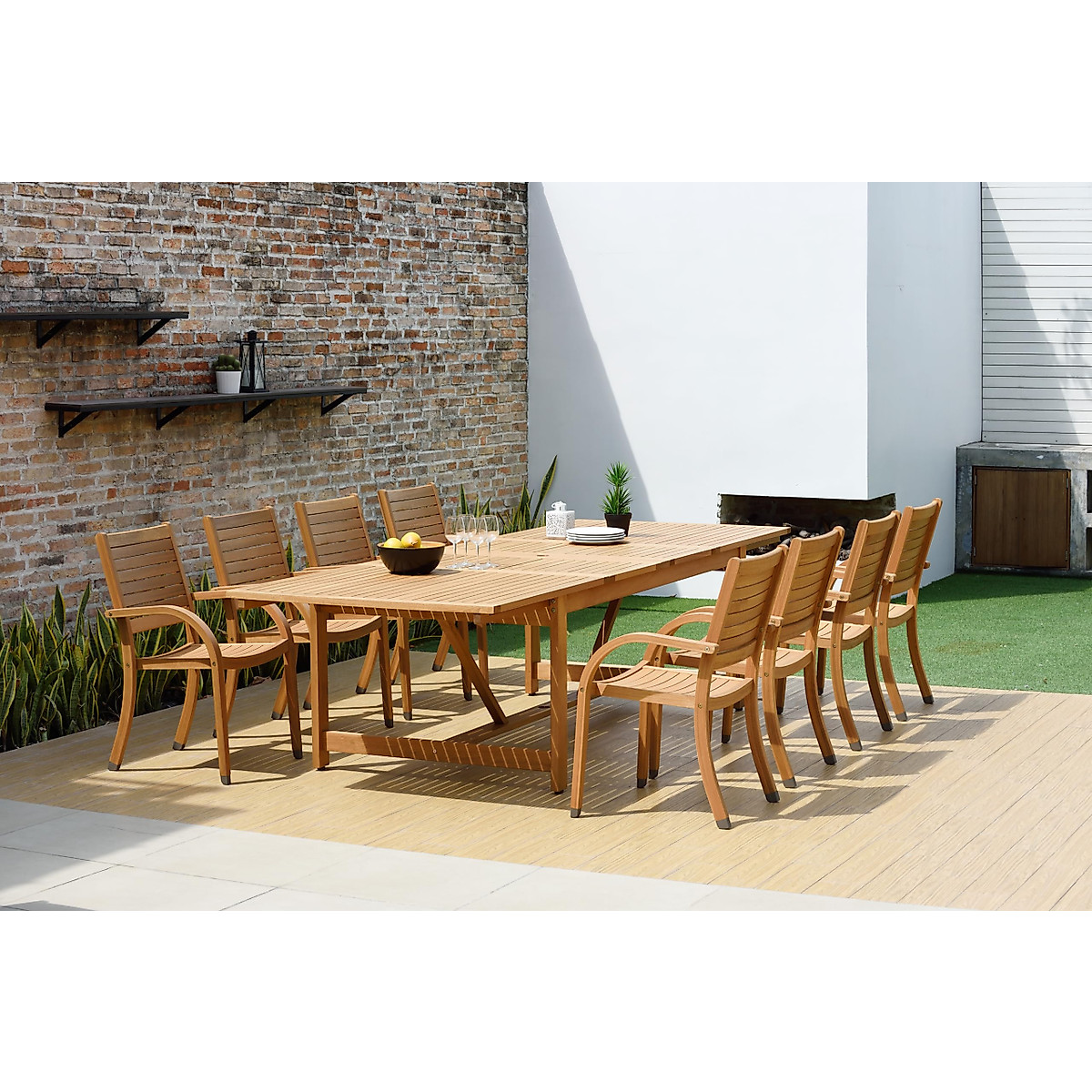 Amazonia Berlin Patio Dining Teak Finish and Ideal, 9-Piece Outdoor Furniture Set, Light Brown