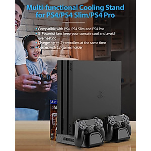 URWOOW Vertical Stand for PS4/PS4 Slim/PS4 Pro - Cooling Fan with PS4 Charger Controller Charging Station with Game Storage (Black)